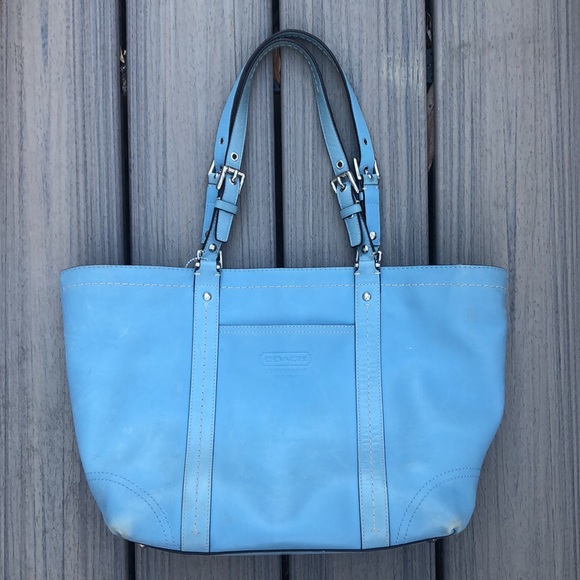 Coach | Bags | Coach Light Blue Leather Tote Bag Shoulder Bag Handbag ...